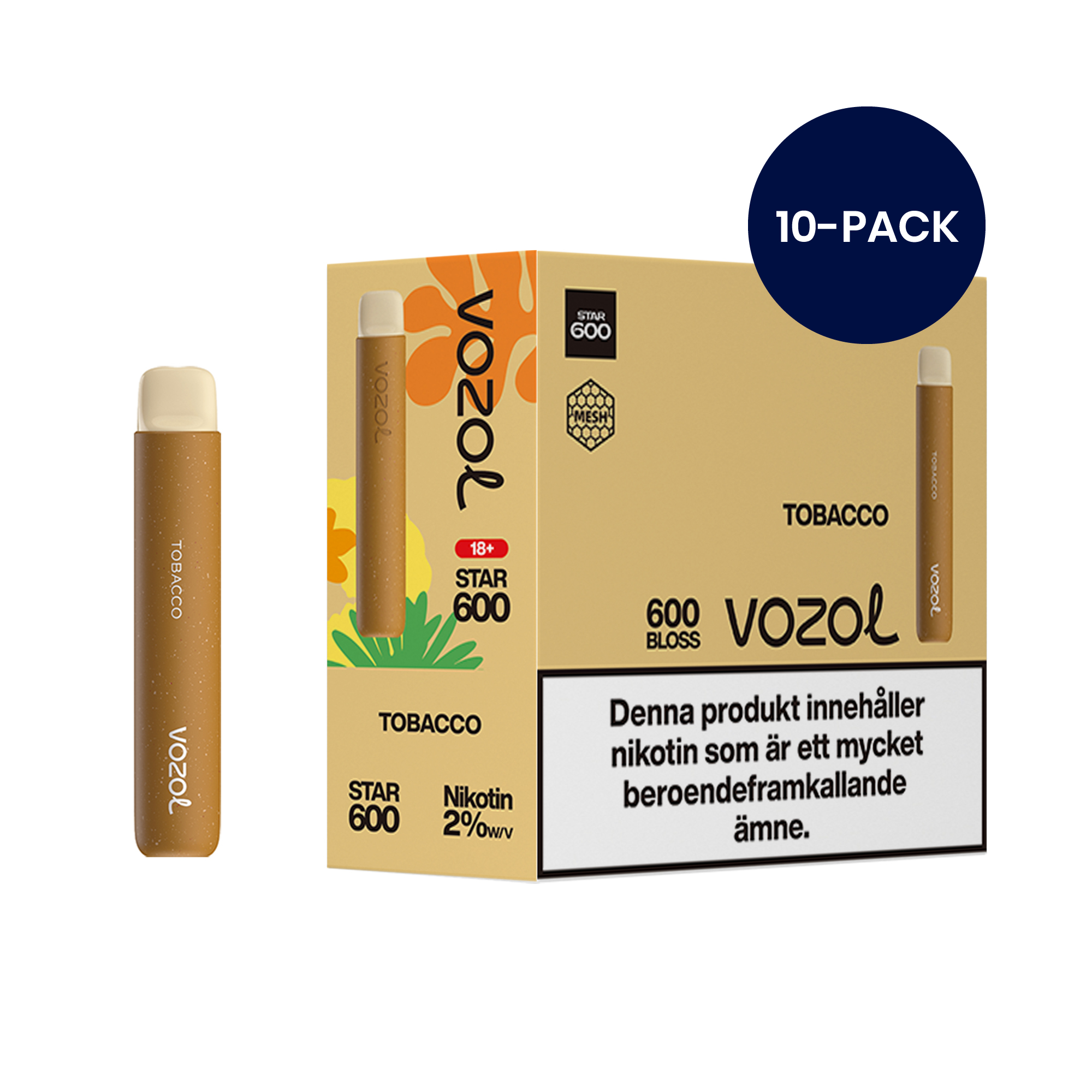 Vozol 600 Tobacco | Engångs Vape | 20mg | 10-pack – Vapegross.se